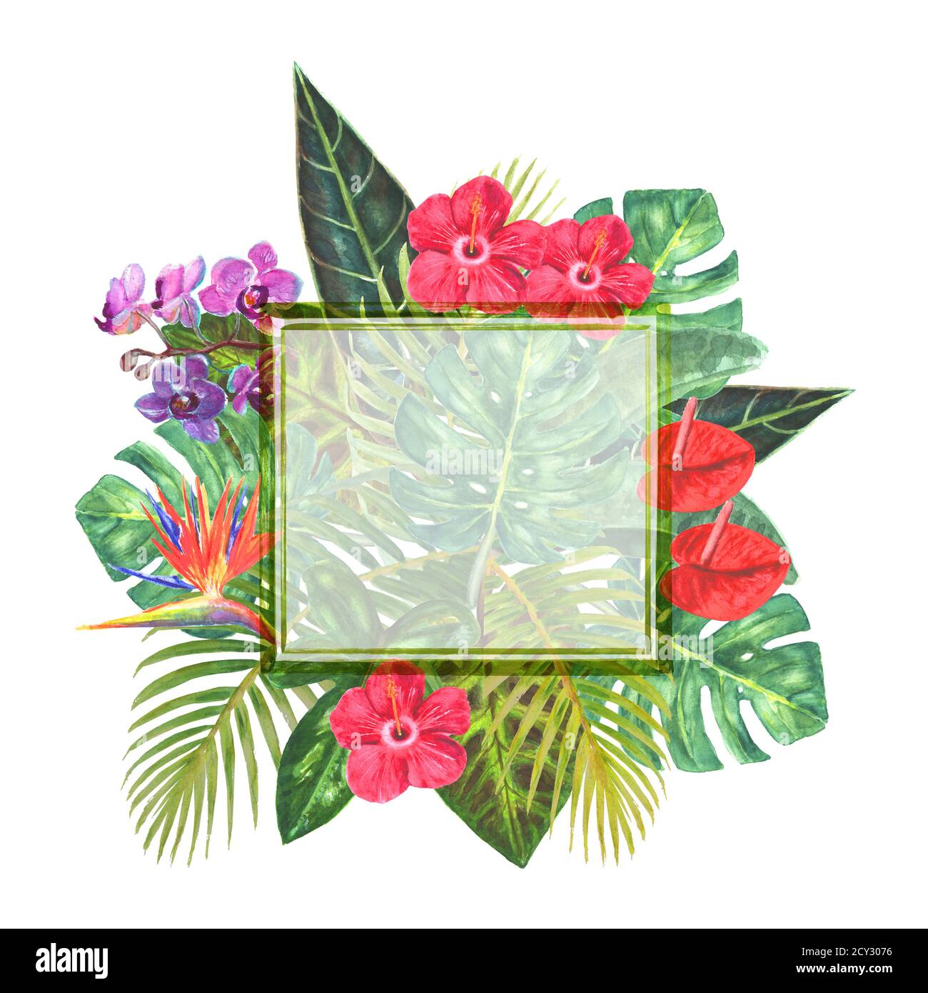 Green border frame with exotic bouquet with bright tropical flowers ...