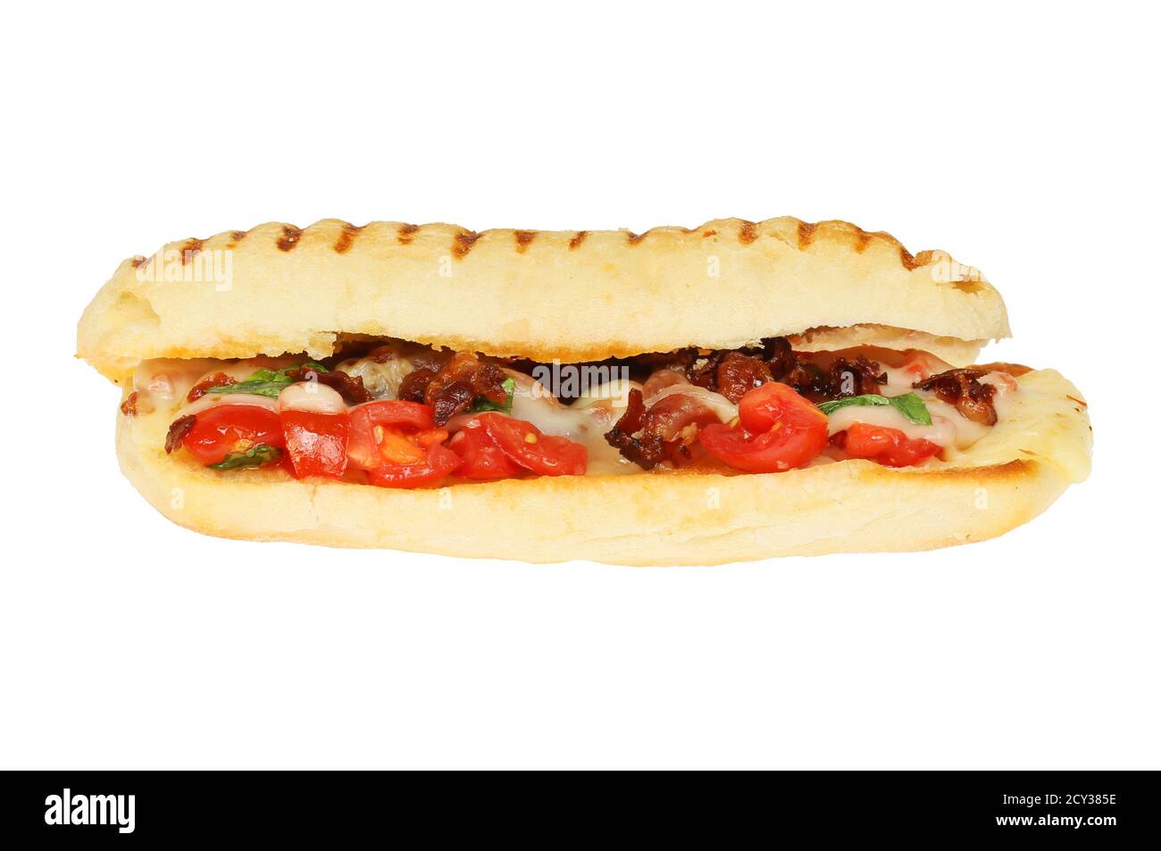 Tomato, pancetta, basil and melted cheese panini isolated against white ...