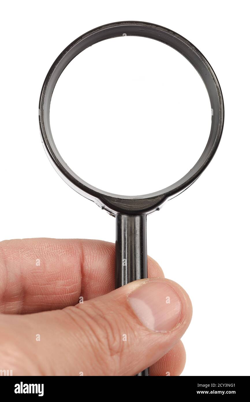 Forensic magnifier in hand isolated on white background Stock Photo - Alamy