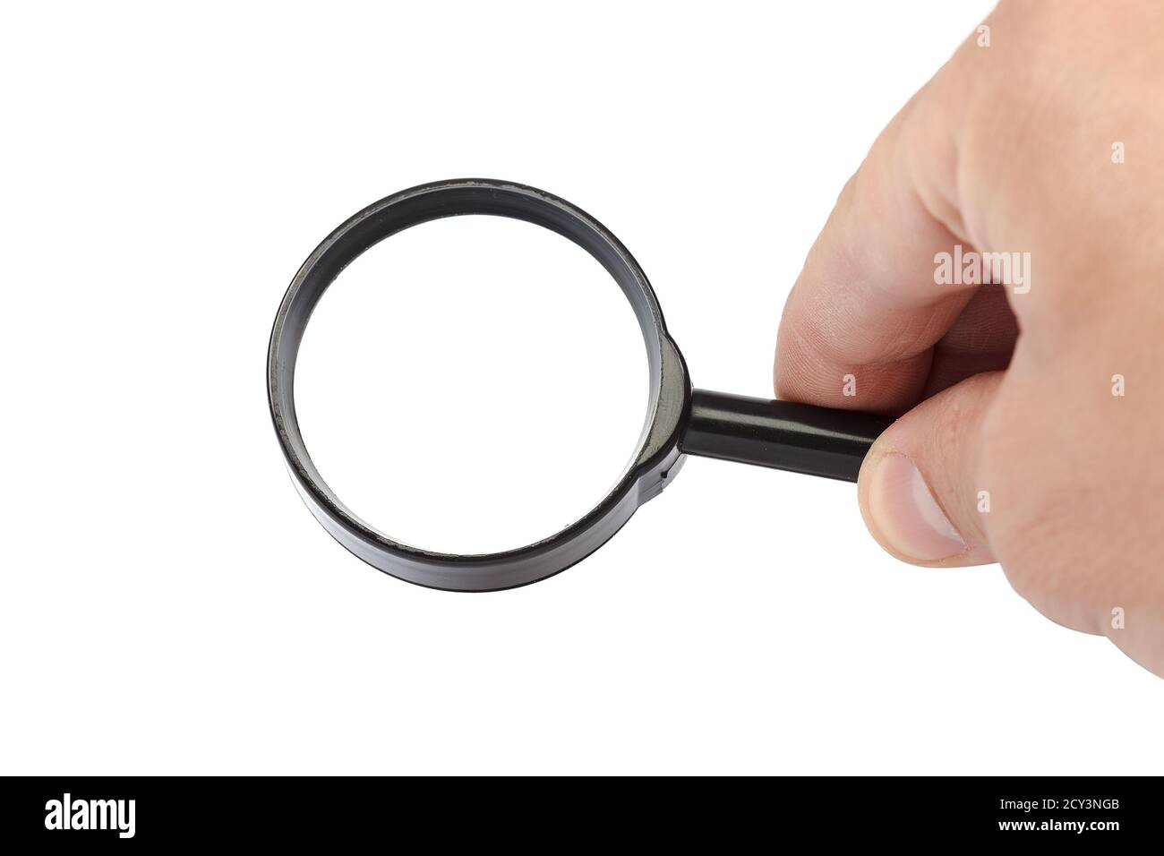 Forensic magnifier in hand isolated on white background Stock Photo - Alamy