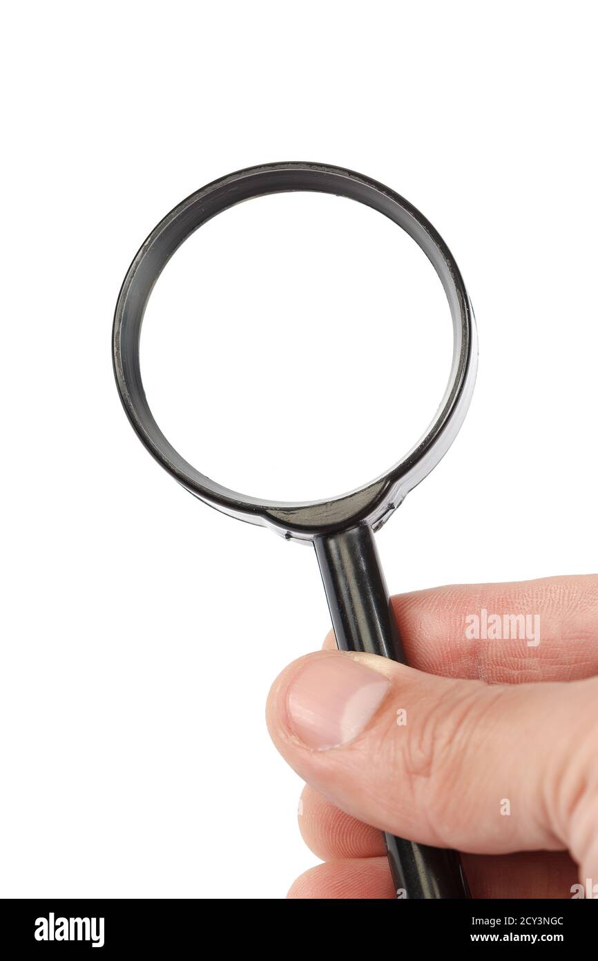 Forensic magnifier in hand isolated on white background Stock Photo - Alamy