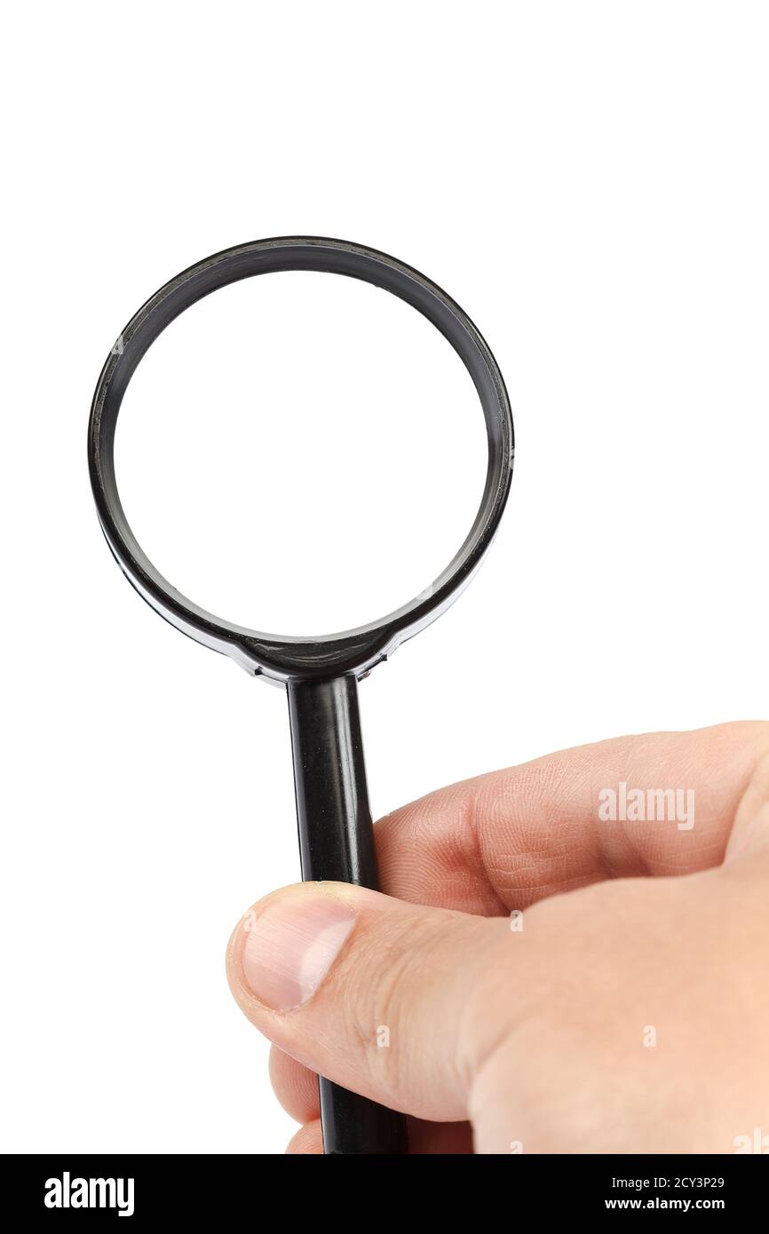 Forensic magnifier in hand isolated on white background Stock Photo - Alamy