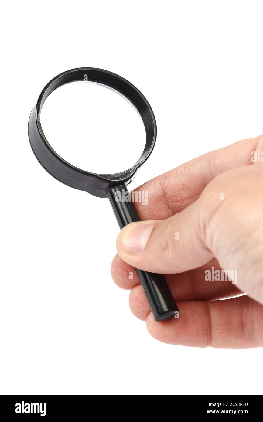 Forensic magnifier in hand isolated on white background Stock Photo - Alamy