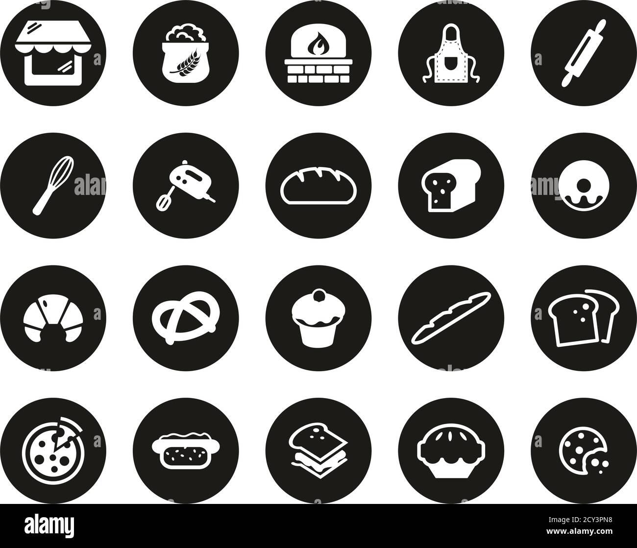 Bakery Or Bakehouse Icons White On Black Flat Design Circle Set Big ...