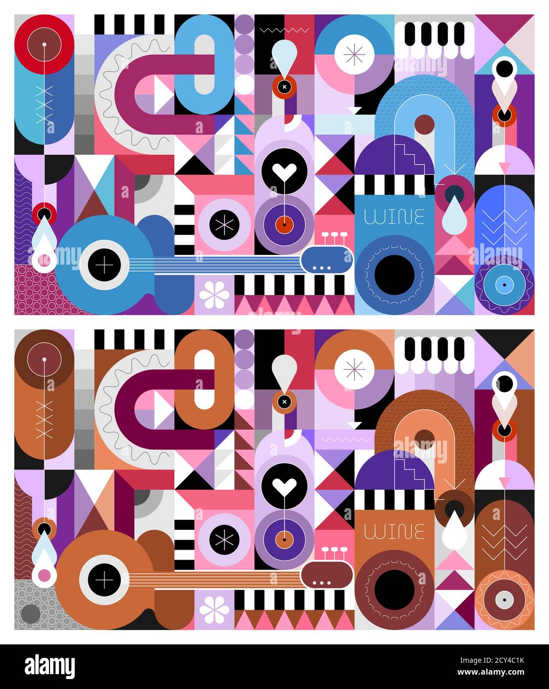 Two options of Abstract art composition of wine bottles and music ...
