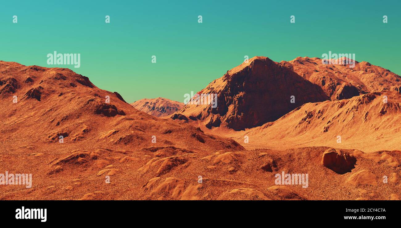 Mars landscape, 3d render of imaginary mars planet terrain, science ...
