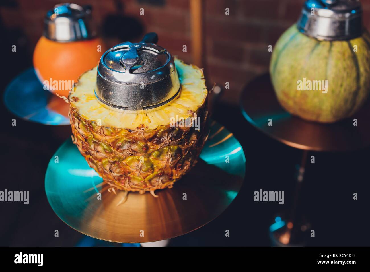 Shisha With Fruit Bowl With Colorful Smoke In Hookah Bar Closeup Stock ...