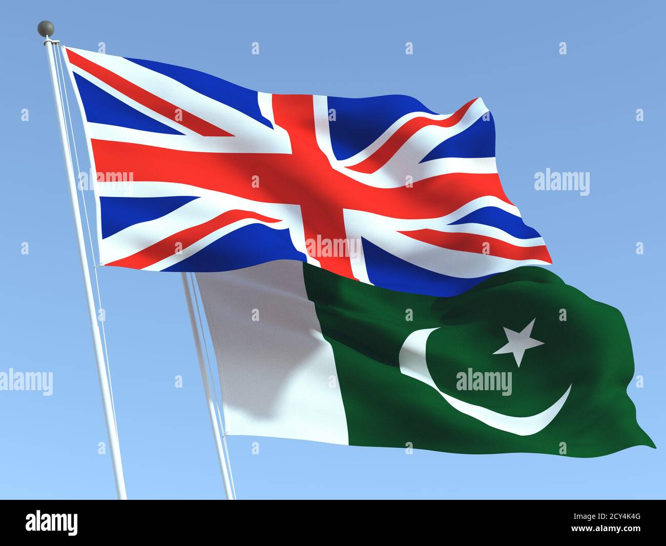 Two waving state flags of United Kingdom and Pakistan on the blue sky ...