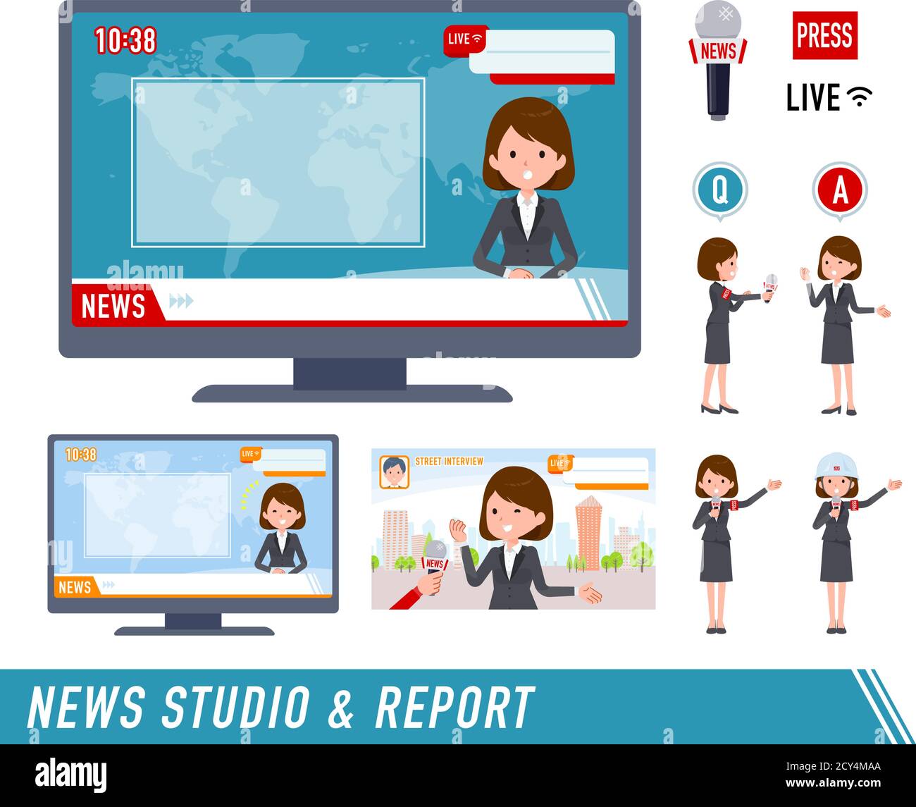 A set of women appearing in news programs.It's vector art so it's easy ...