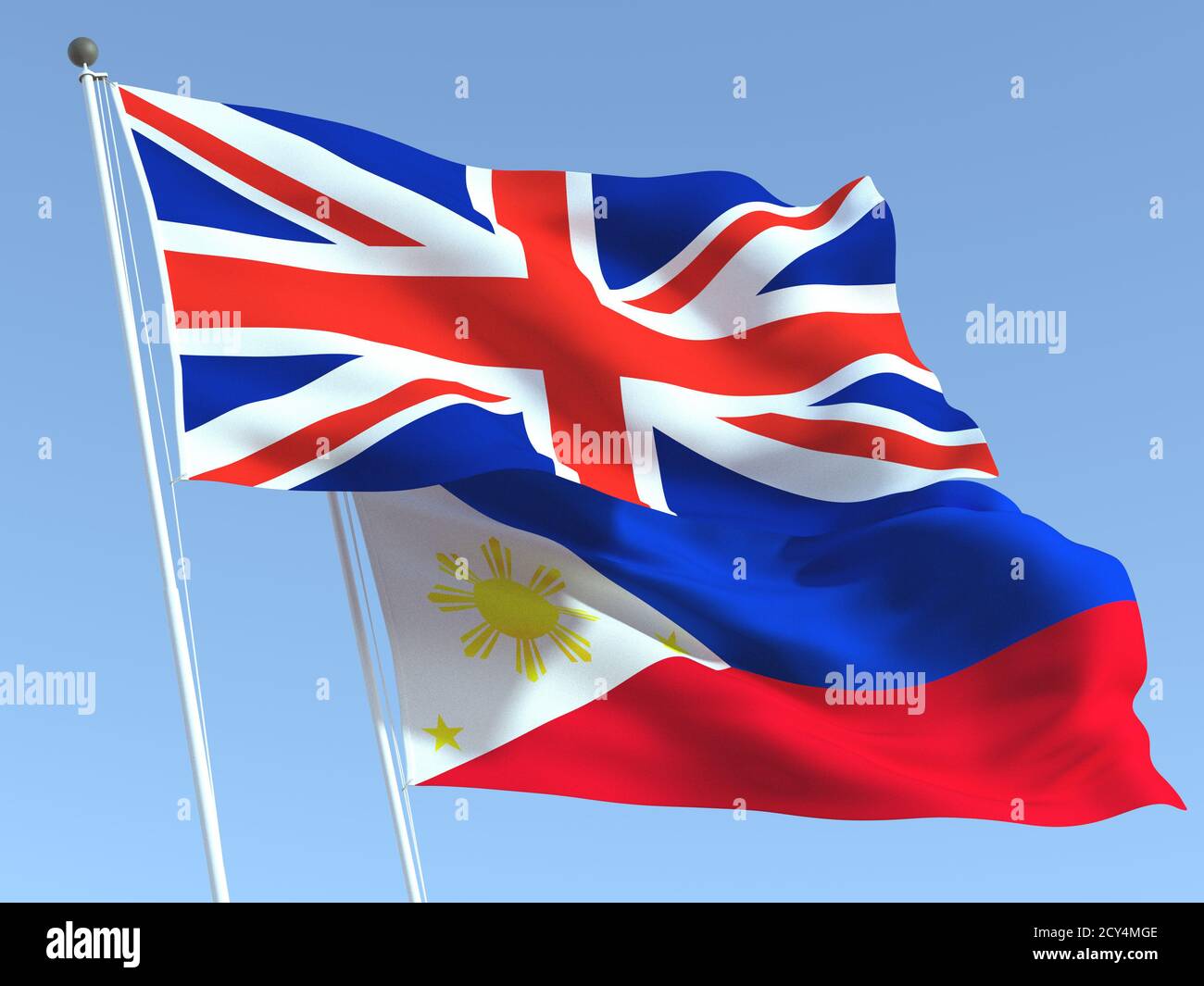 Two waving state flags of United Kingdom and Philippines on the blue ...