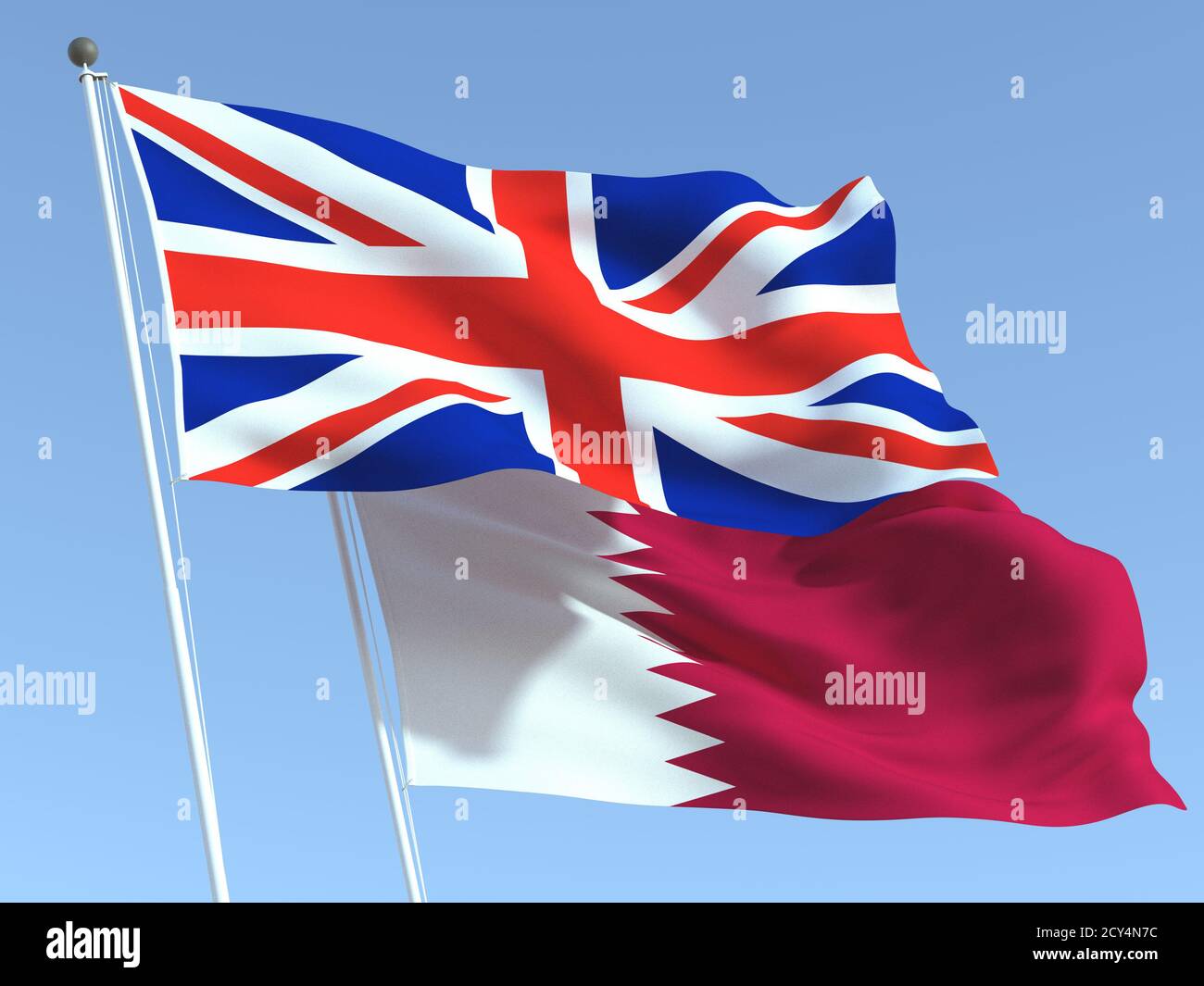 Two waving state flags of United Kingdom and Qatar on the blue sky ...