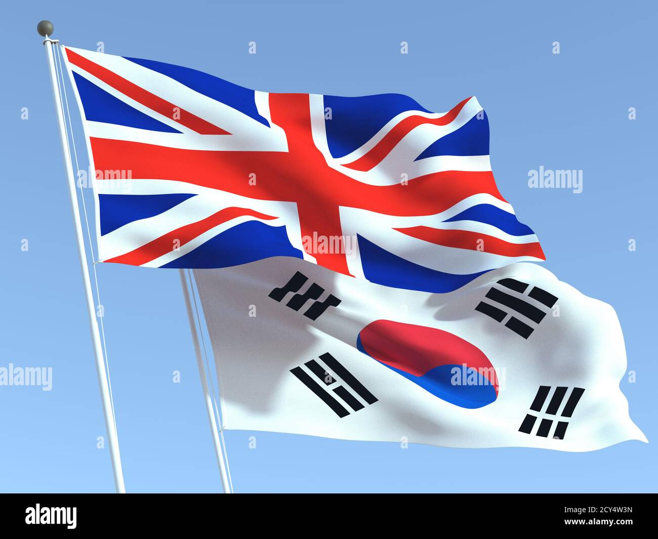 Two waving state flags of United Kingdom and South Korea on the blue ...
