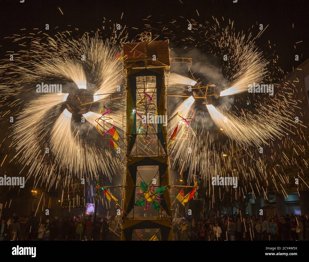 CUENCA, ECUADOR MAY 15, 2014 - Fireworks castle with pinswheels ...