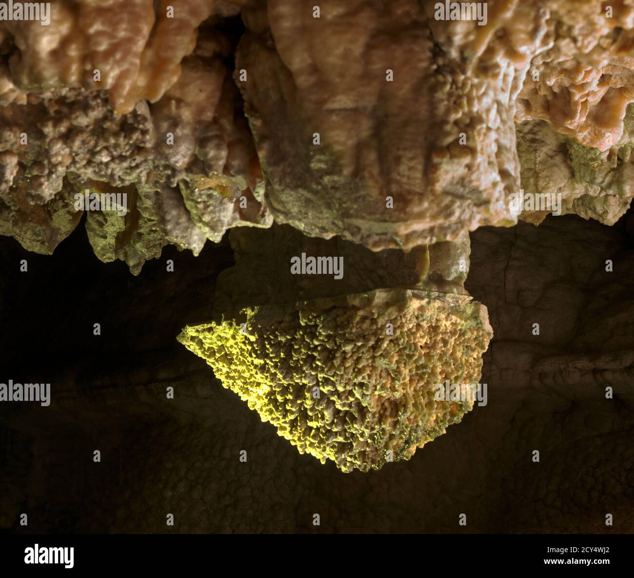 Höllgrotten Cave: Calcite formations clearly showing the old waterline ...