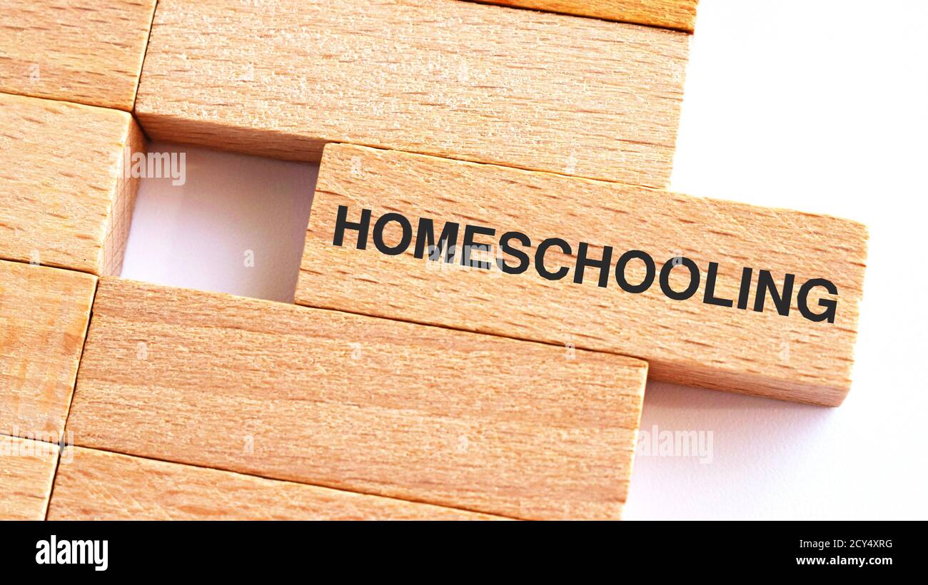 Homeschooling text written on wood block for your desing, Top view ...