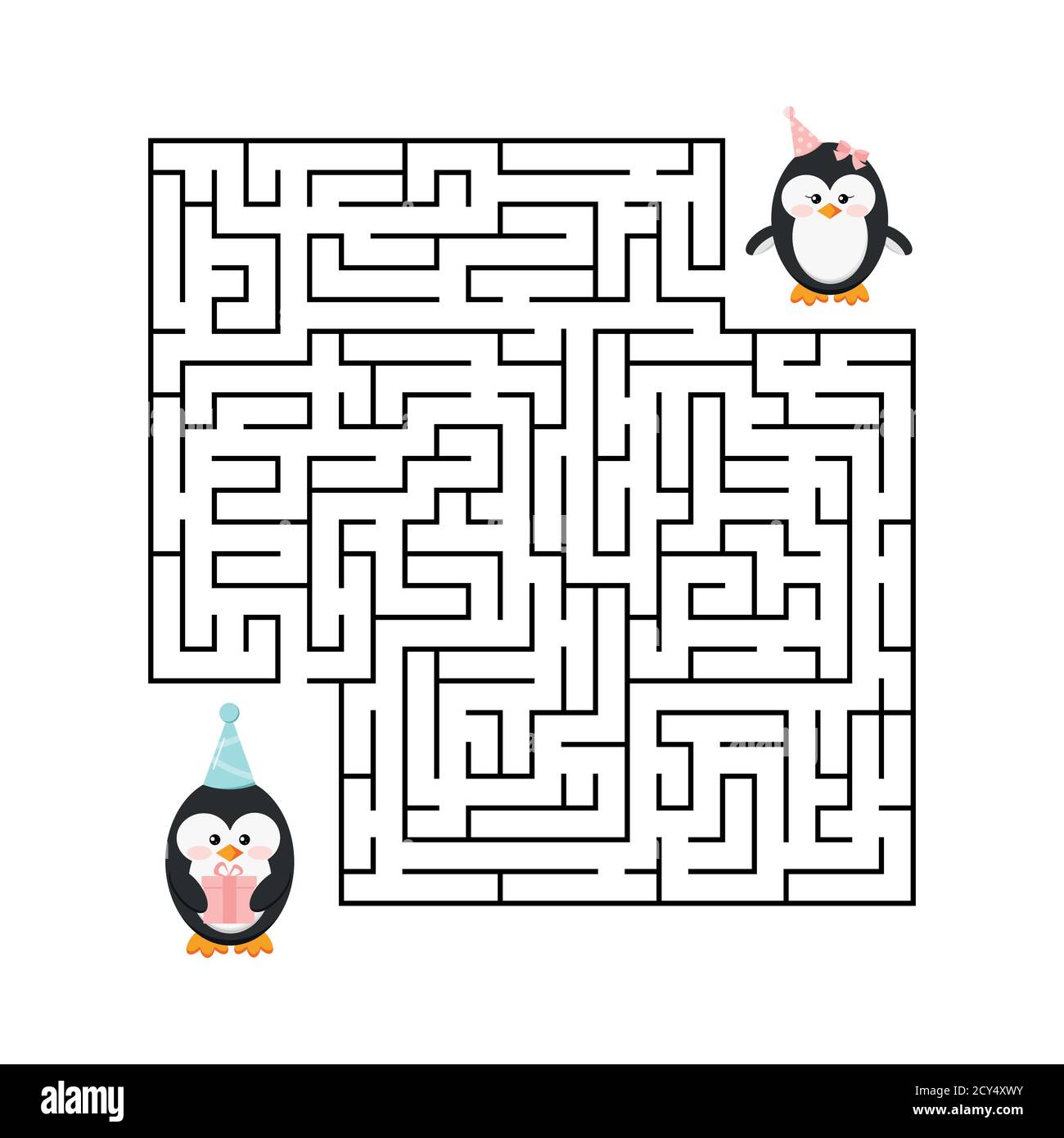 Maze game - labyrinth with cute penguin boy with bathday gift and girl ...