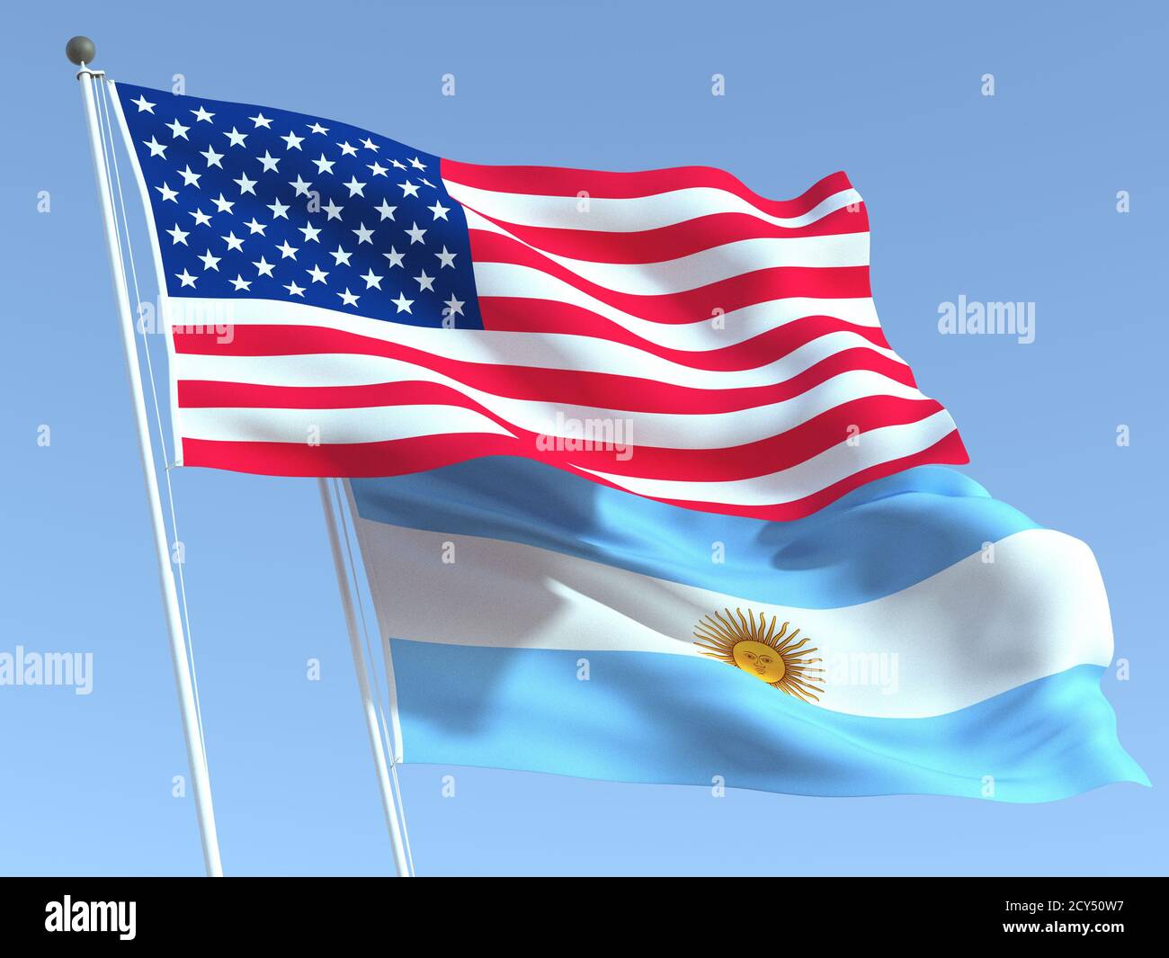 Two waving state flags of United States and Argentina on the blue sky ...