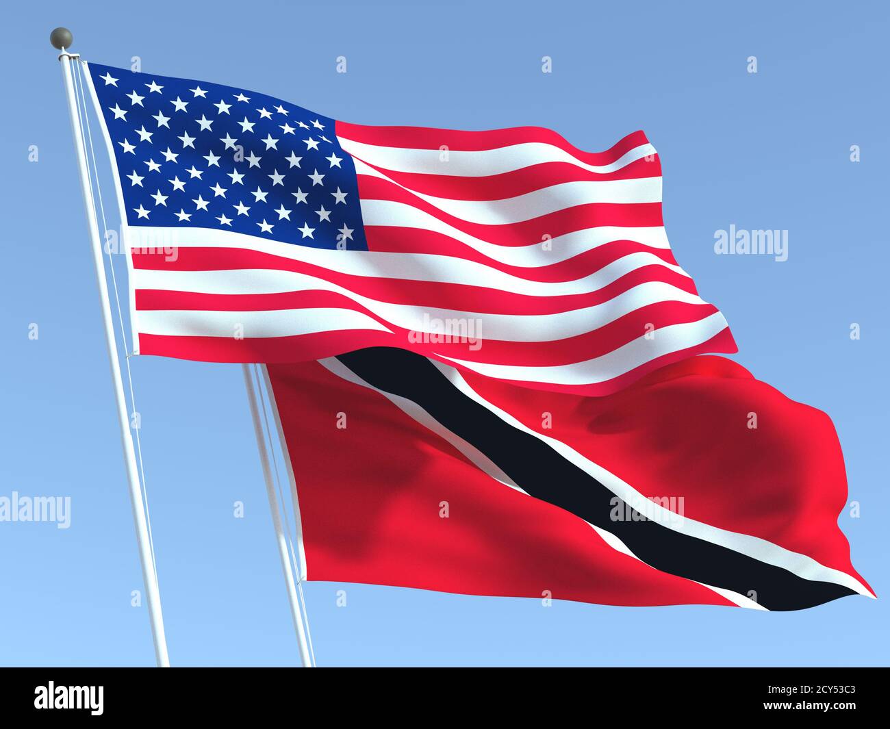 Two waving state flags of United States and Trinidad and Tobago on the ...