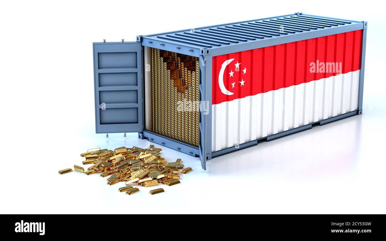 Freight Container with Singapore flag filled with Gold bars. Some Gold ...
