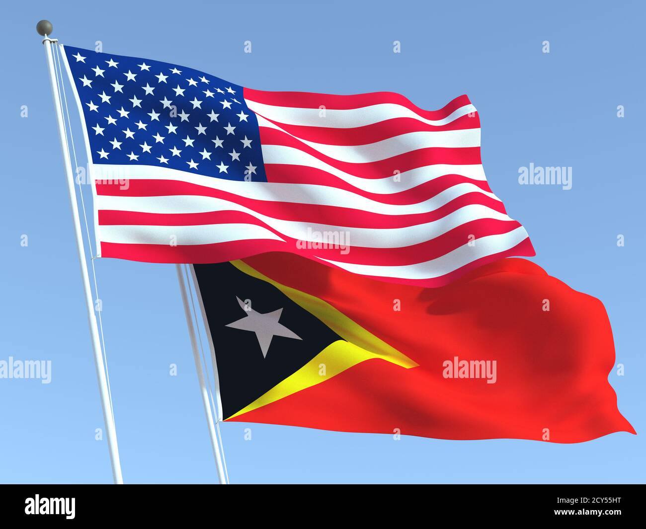 Two waving state flags of United States and East Timor on the blue sky ...