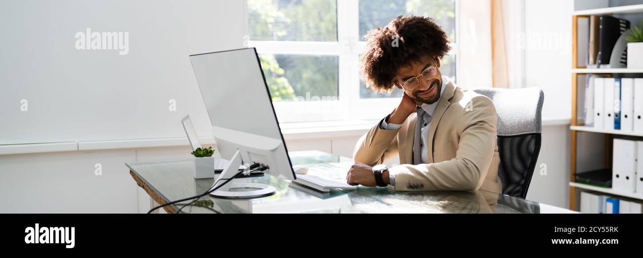 Neck Pain Stress. Bad Posture In Posture At Computer Stock Photo - Alamy