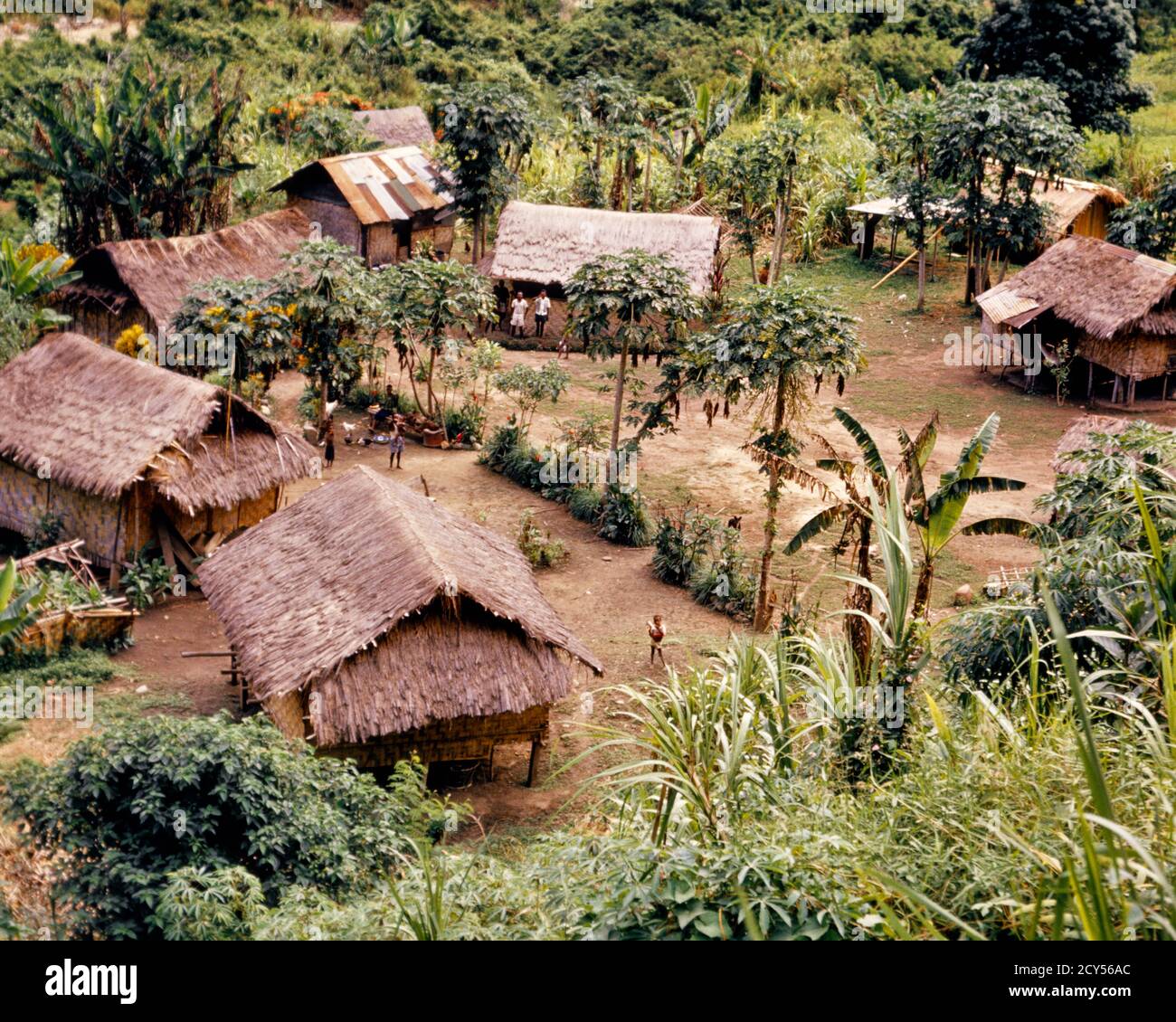 1970s VILLAGE OF THATCHED NATIVE HOMES AT LAE NEW GUINEA - kr15805 ...