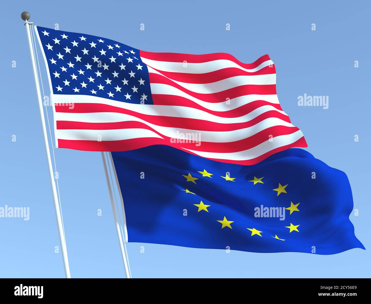 Two waving state flags of United States and European Union on the blue ...