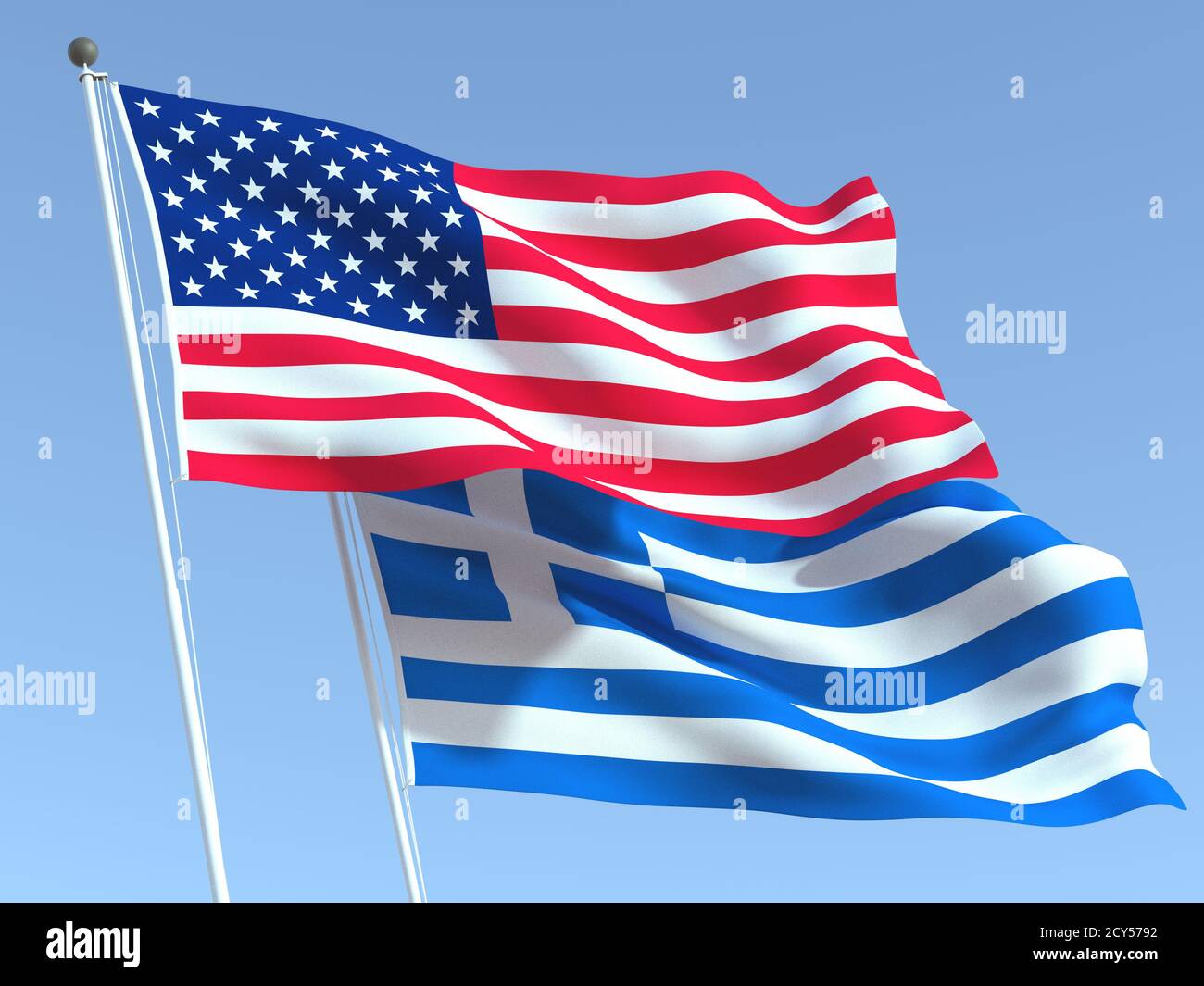 Two waving state flags of United States and Greece on the blue sky ...