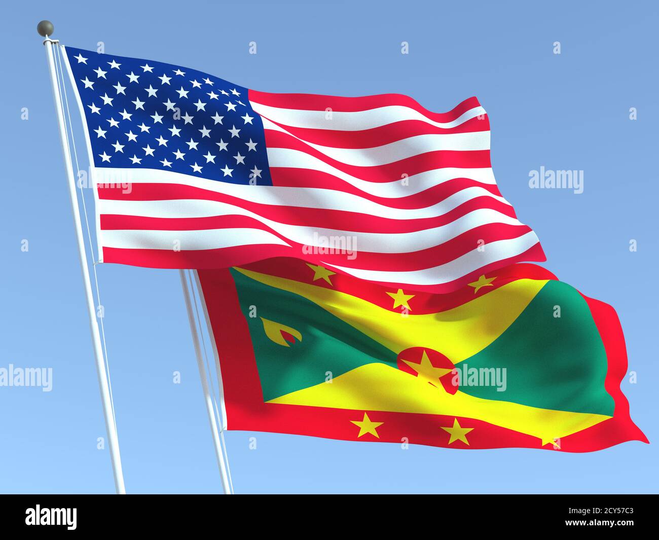 Two waving state flags of United States and Grenada on the blue sky ...