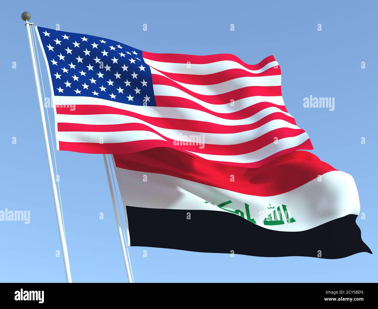 Two waving state flags of United States and Iraq on the blue sky. High ...