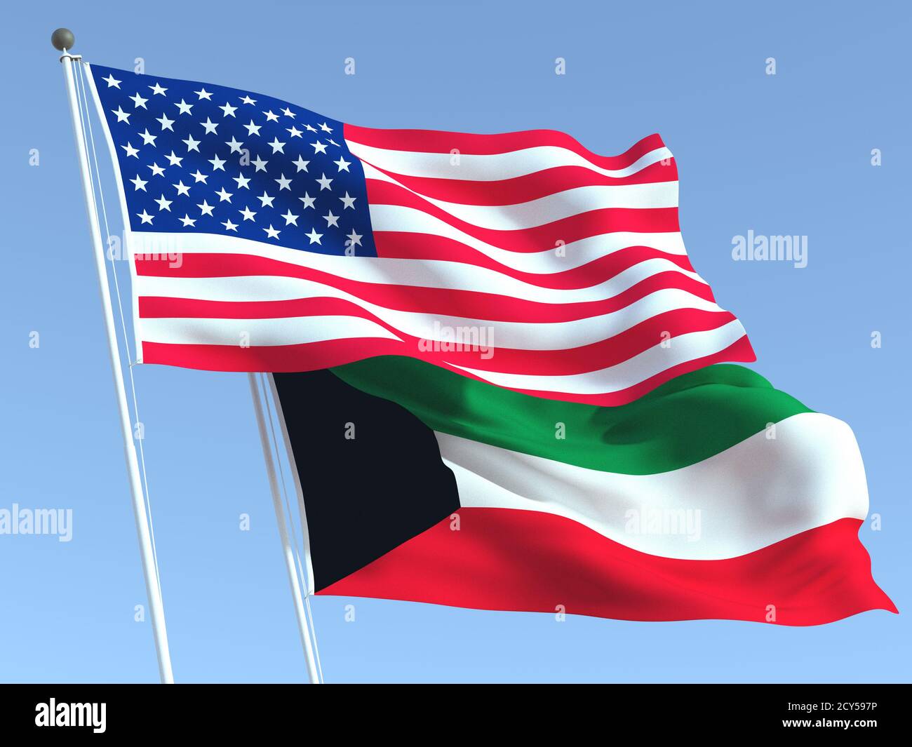 Two waving state flags of United States and Kuwait on the blue sky ...
