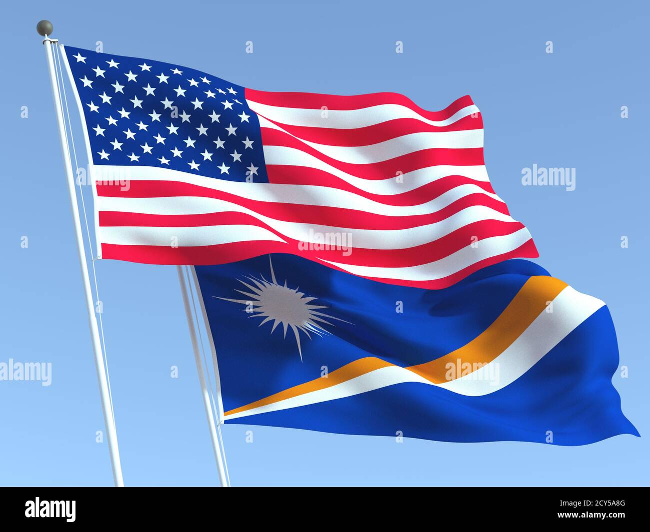 Two waving state flags of United States and Marshall Islands on the ...