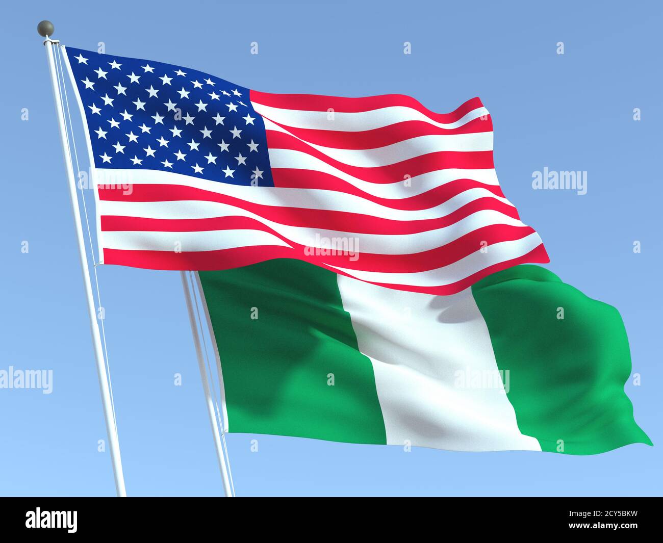 Two waving state flags of United States and Nigeria on the blue sky ...