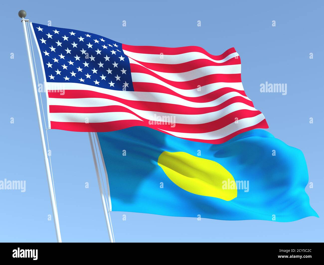 Two waving state flags of United States and Palau on the blue sky. High ...