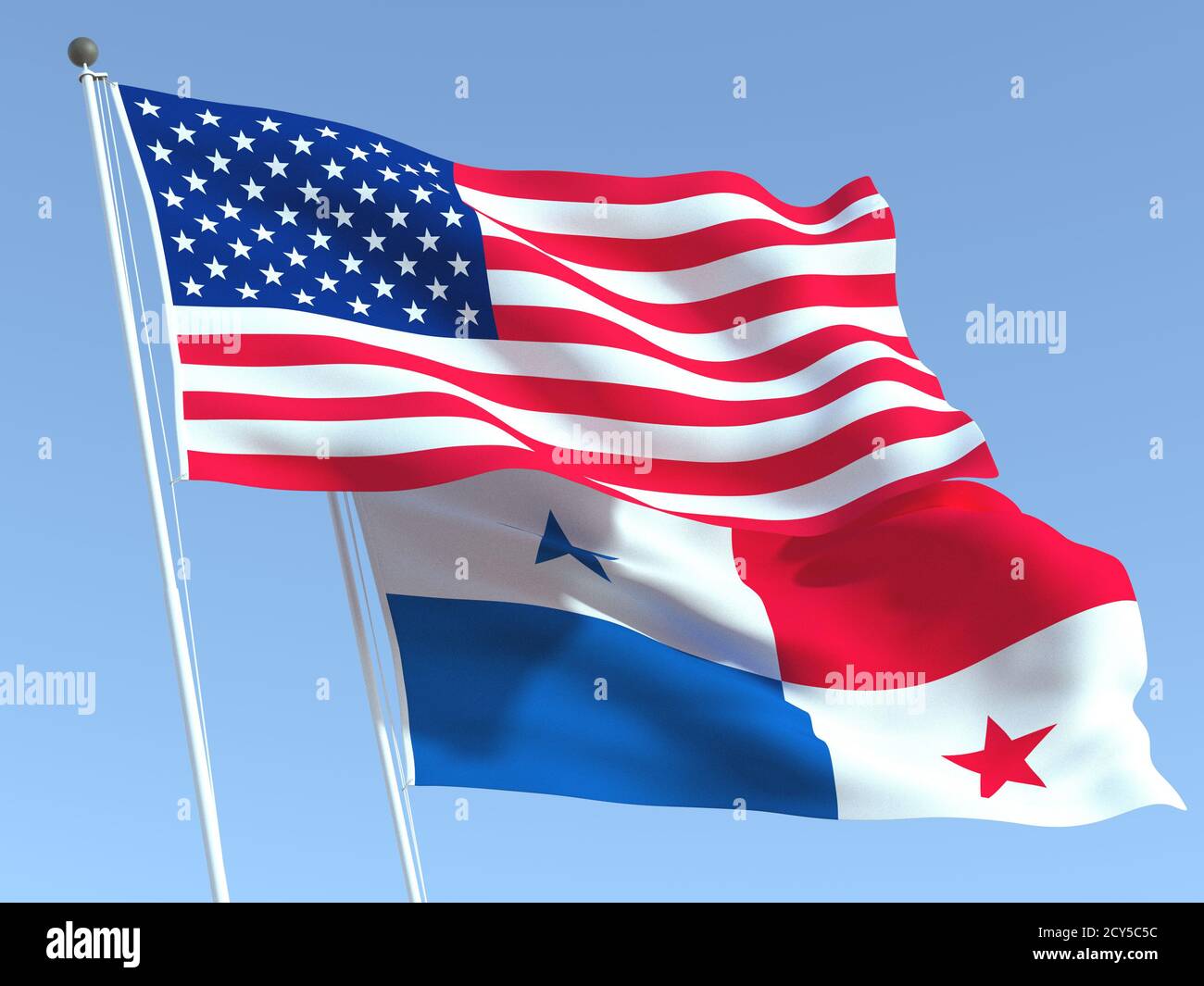 Two waving state flags of United States and Panama on the blue sky ...
