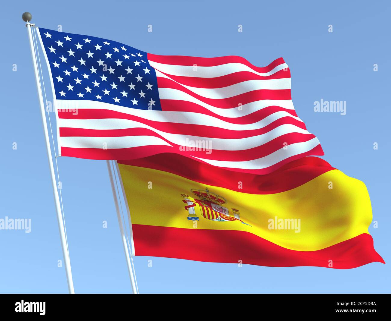 Two waving state flags of United States and Spain on the blue sky. High ...
