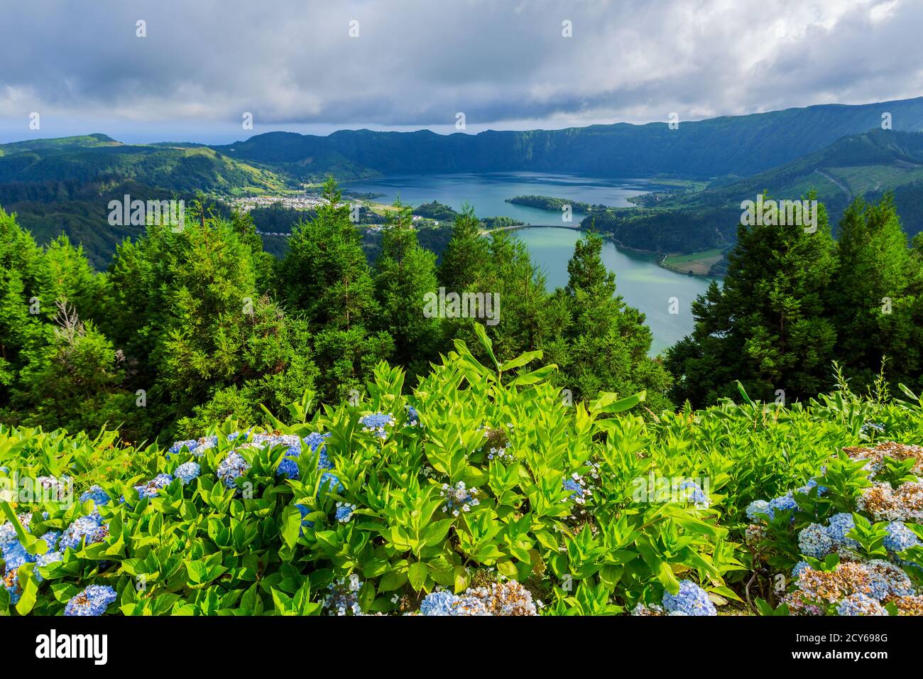 Picturesque view of the Lake of Sete Cidades, a volcanic crater lake on ...