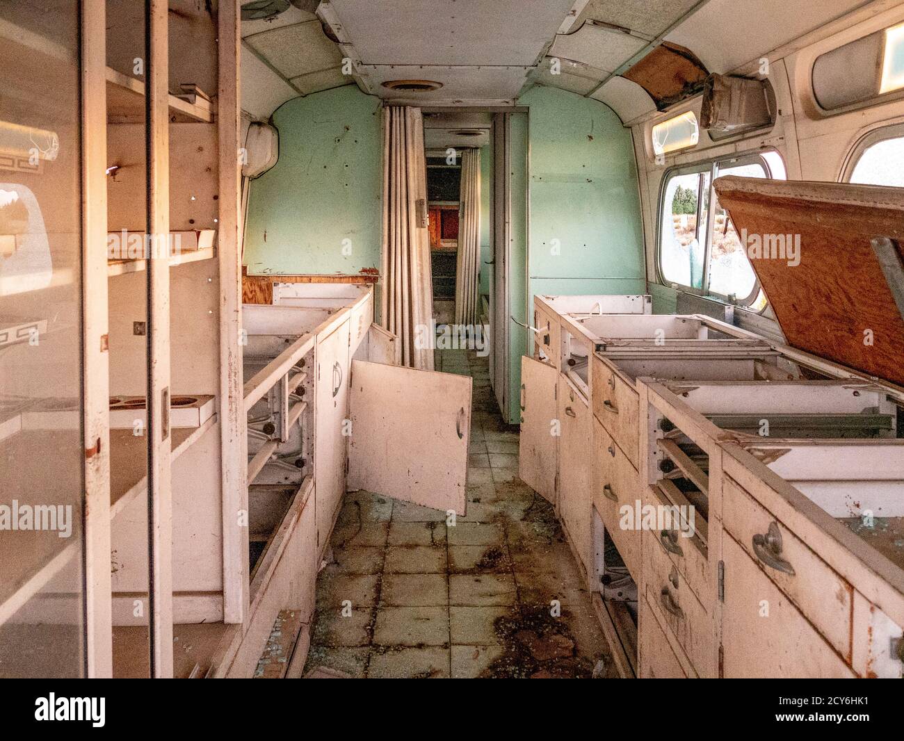 Inside of an old abandoned van Stock Photo - Alamy