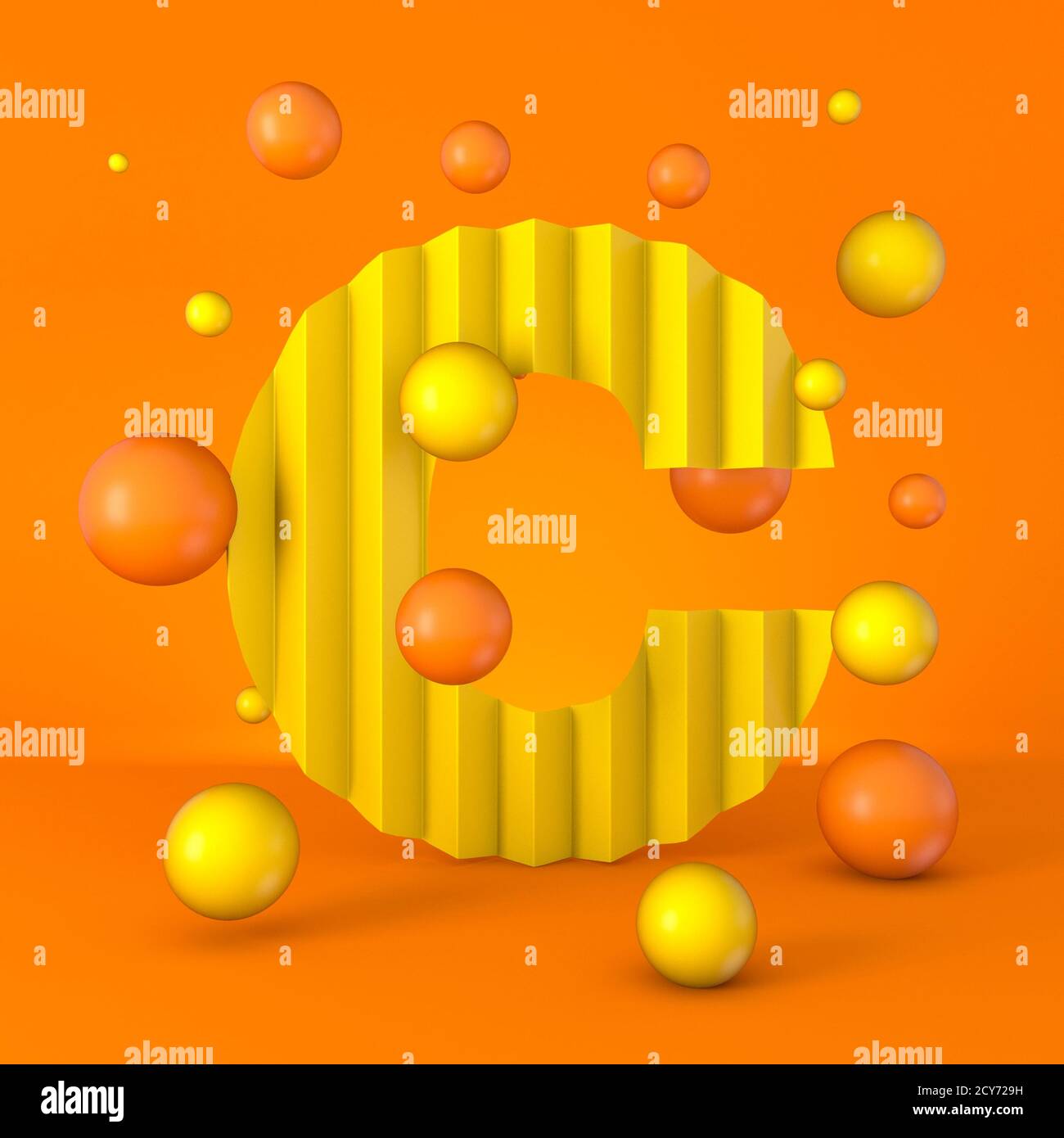 Warm minimal yellow sparkling font Letter C 3D render illustration ...