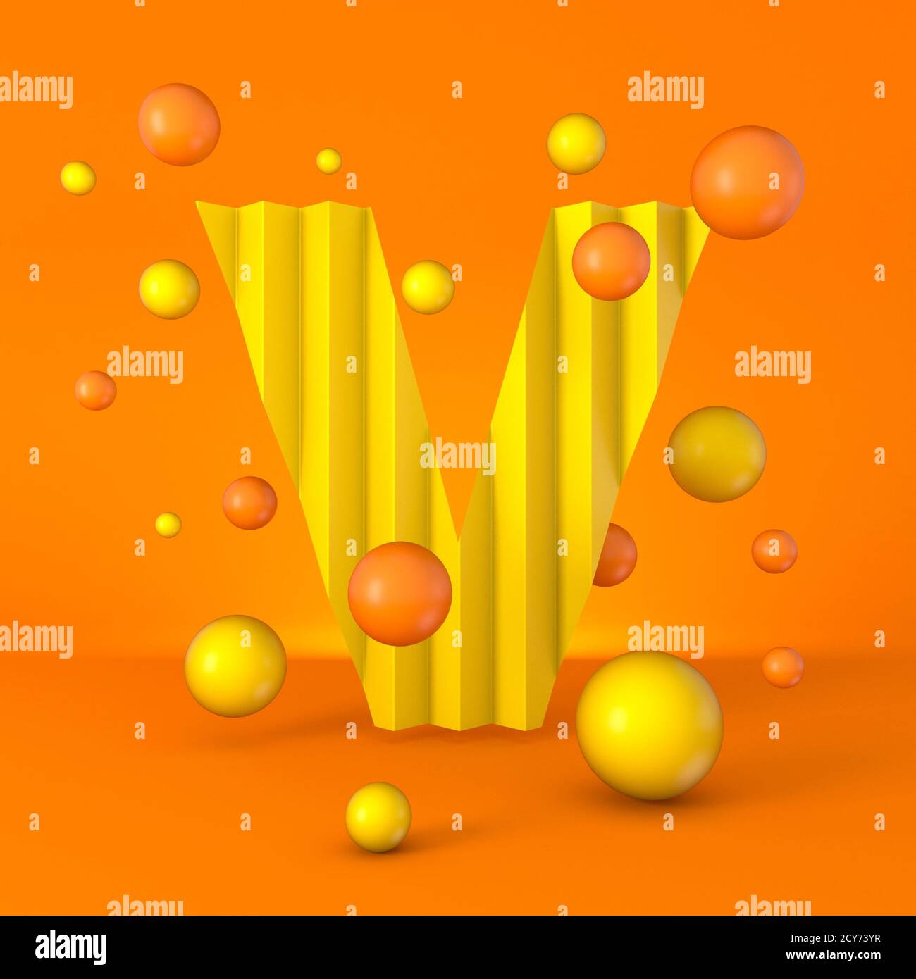 Warm minimal yellow sparkling font Letter V 3D render illustration ...