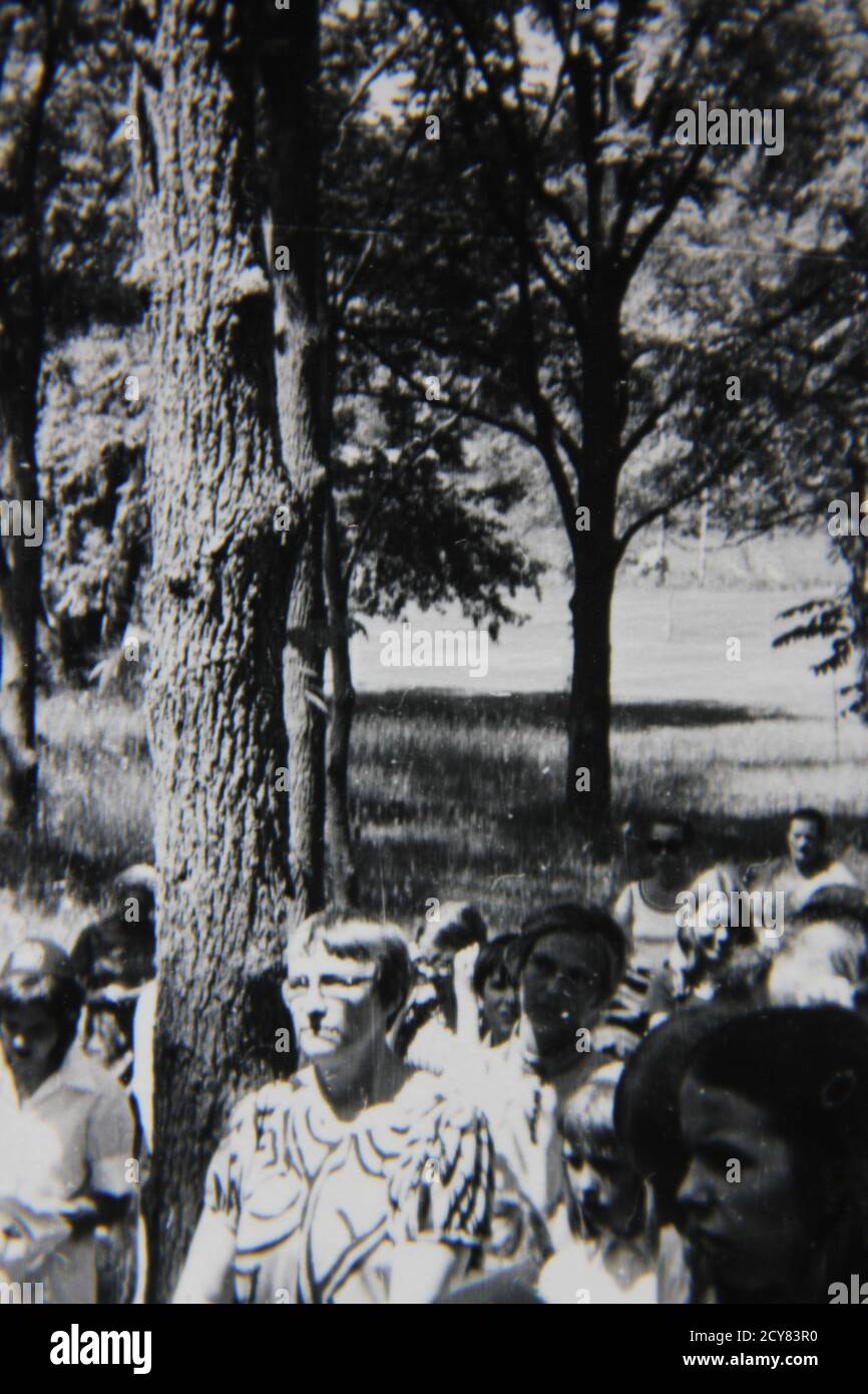 Fine 1970s vintage black and white photography of an audience gathering ...