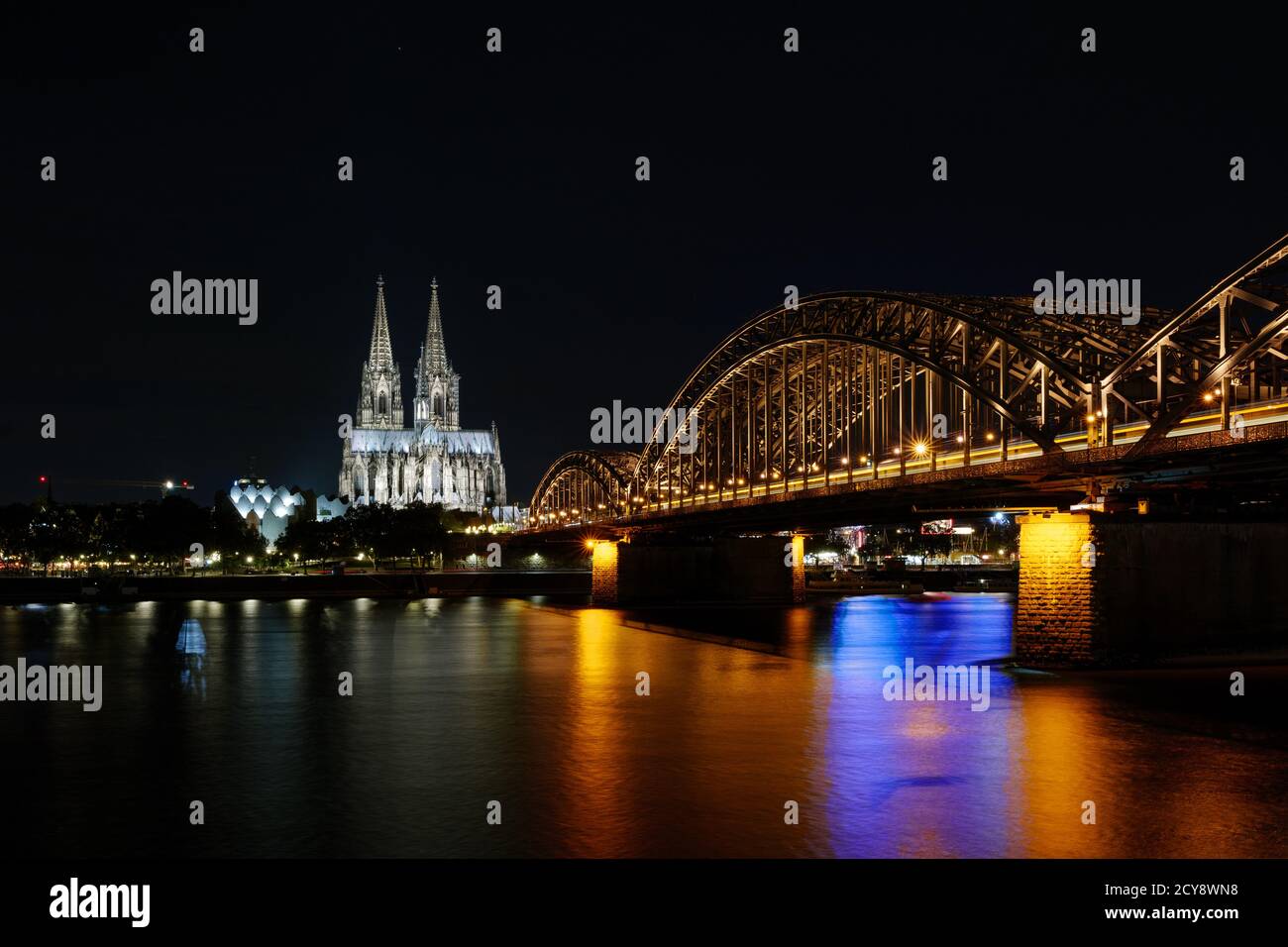 Night scenery of Köln' old town, and riverside of Rhein River, with ...