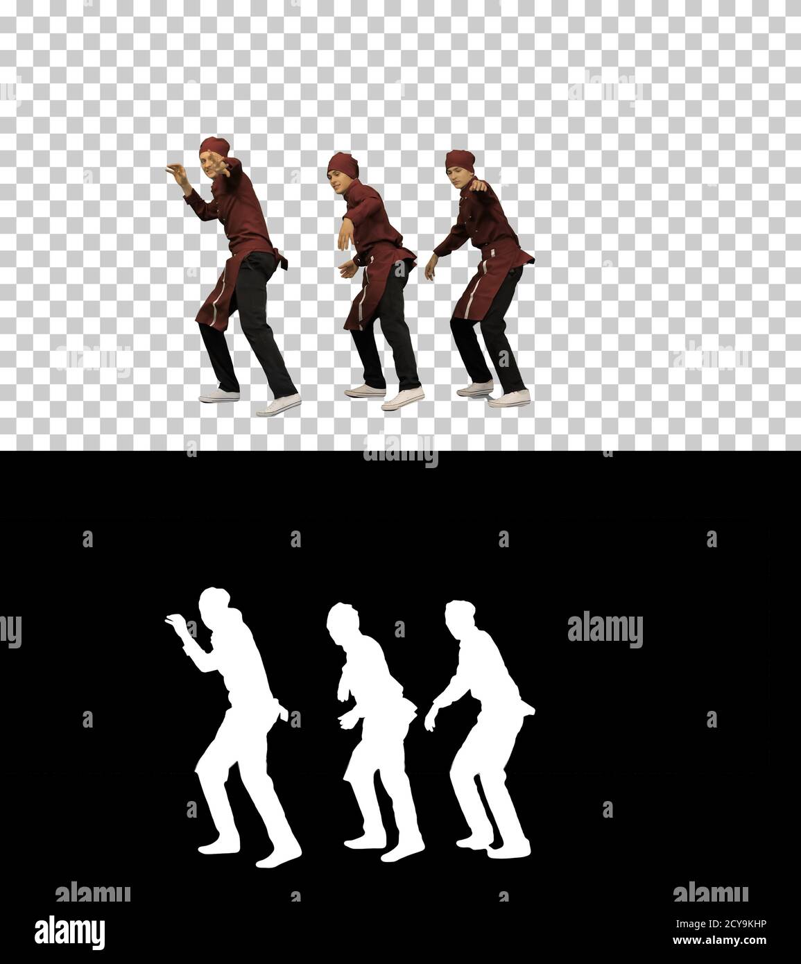 Three smiling chef cooks in red uniform synch dancing against gr Stock ...