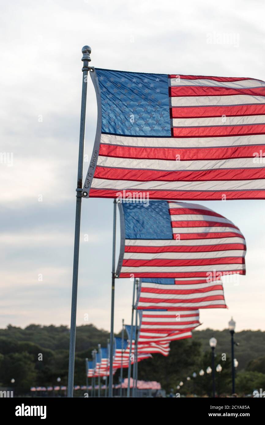 American flags lined up along the coast line Stock Photo - Alamy