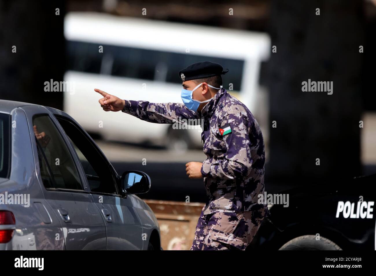 Amman, Jordan. 1st Oct, 2020. A Jordanian security member wearing a ...