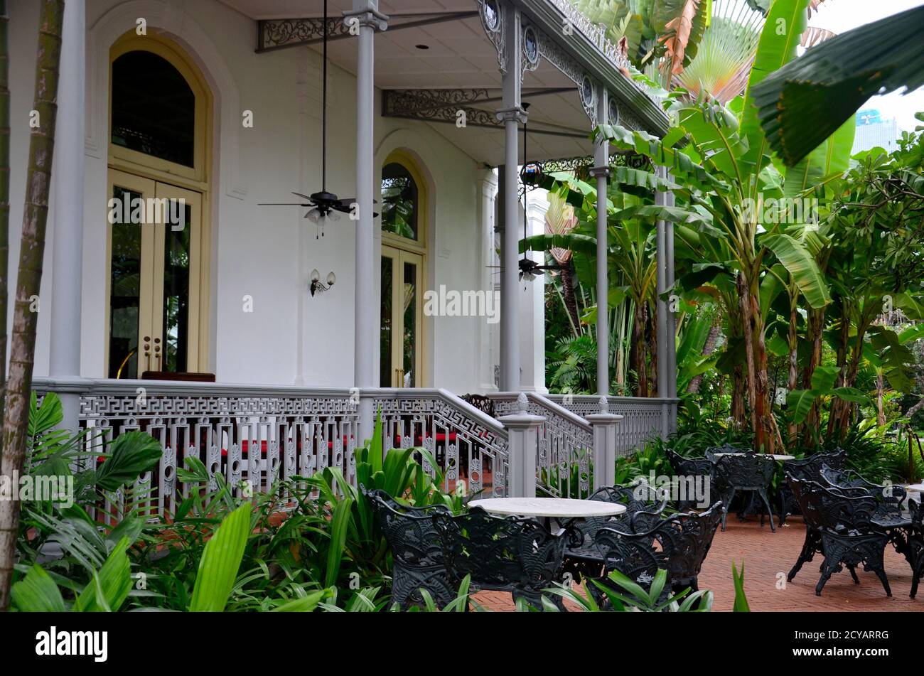 Patio and balcony with metal furniture in colonial setting Raffles ...