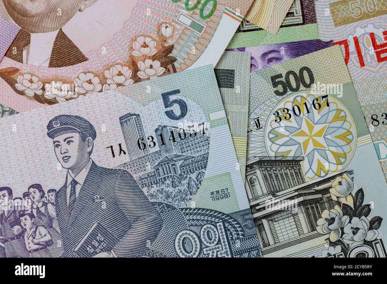 North Korean of various banknotes money won currency bill Stock Photo ...