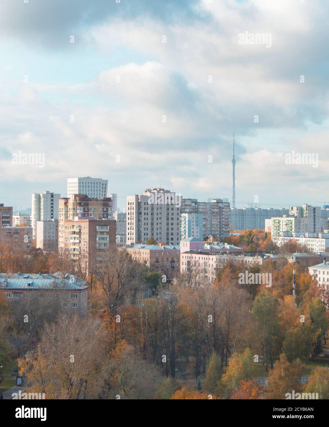 Autumn urban landscape - houses on the outskirts of Moscow at sunset ...