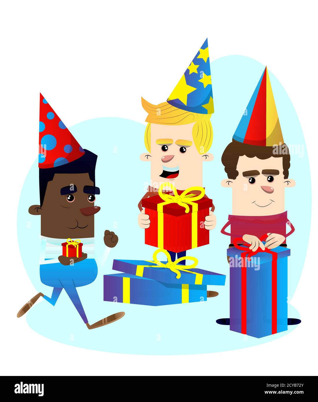 Small group of happy boys with giftboxes celebrates birthday. Birthday ...