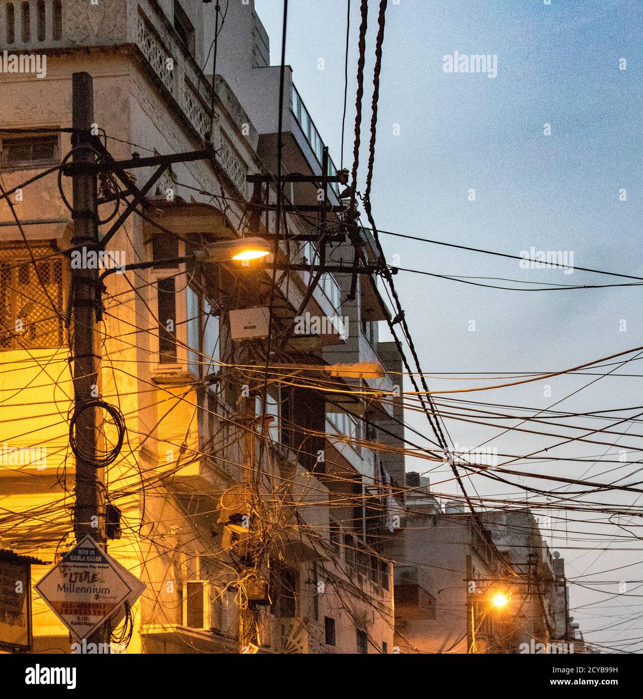 New Delhi, India, Feb 19, 2018 - Overhead cables create a rats maze ...